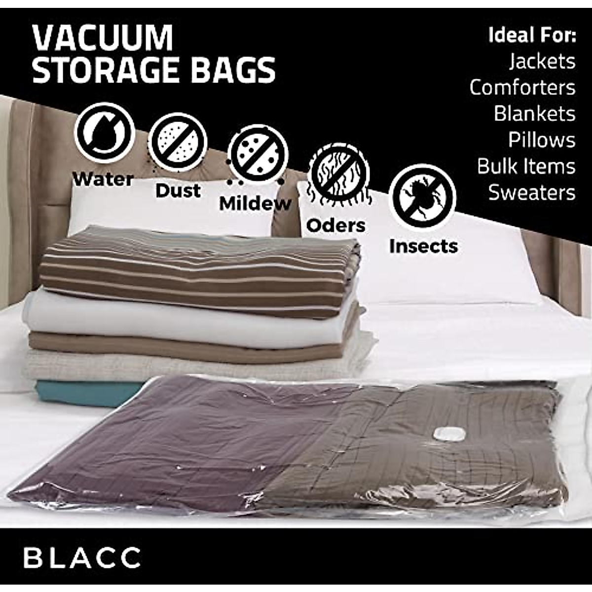 BLACC Vacuum Storage Bags, Compression Sealer for Clothes, Duvets, Blankets, Pillows, No-Loss Valve, 6 XLarge Bag, Premium Quality (SET PACK OF 6)