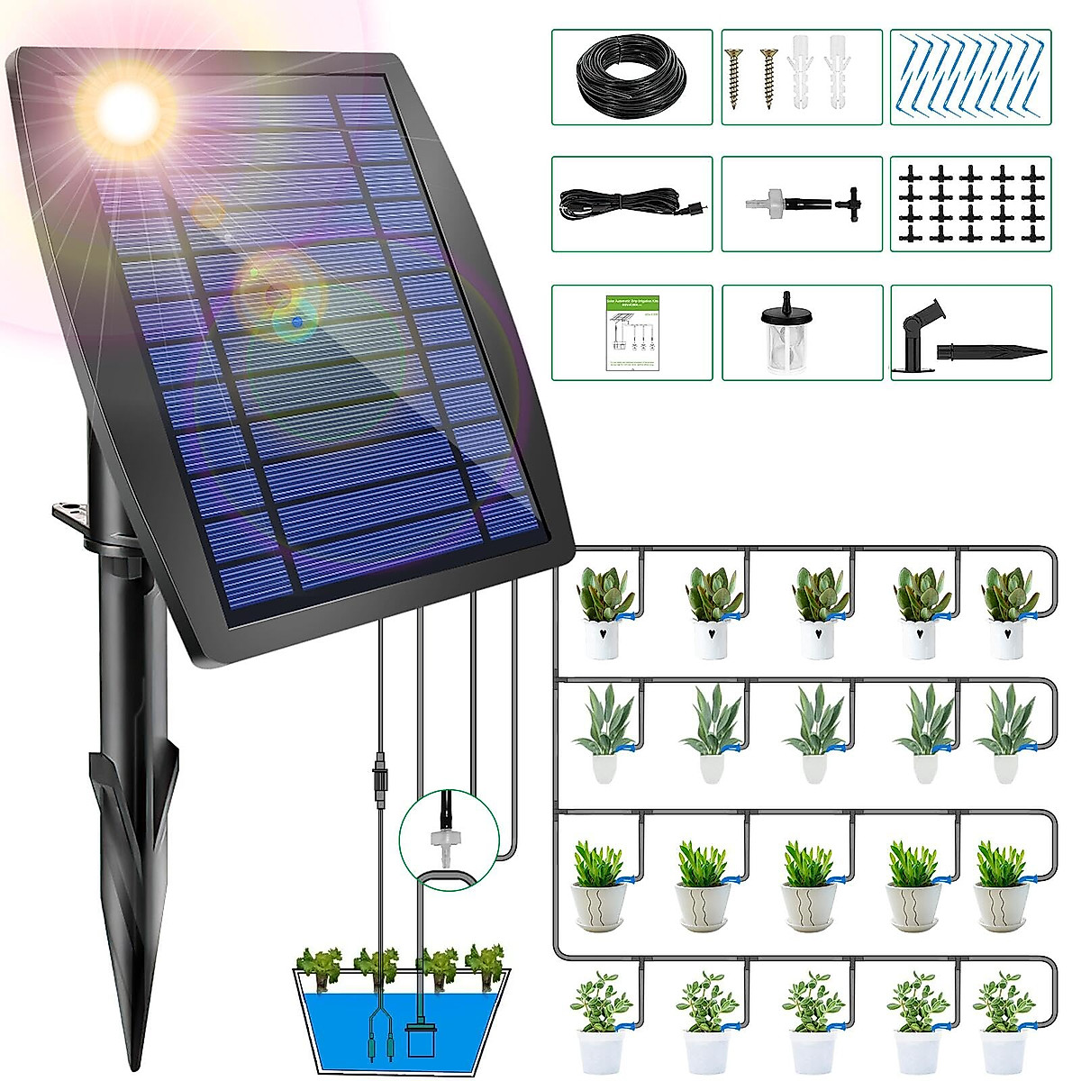 12 Timer Modes Solar Drip Irrigation System - Auto Drip Irrigation Kits with Anti-Siphon Supports 20-30 Pots, Solar Powered Garden Watering System for Indoor & Outdoor Plants, 3W, 65.6 FT