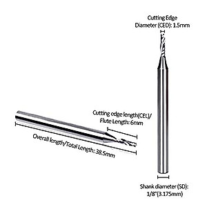 HQMaster 10-Pack End Mill Milling Cutter 1.5mm Cutting Dia. Spiral Router Bits CNC Bits 1-Flute Single Edged Cutting Engraving Bits Tungsten Steel 6mm Flute Length, 38.5mm OAL