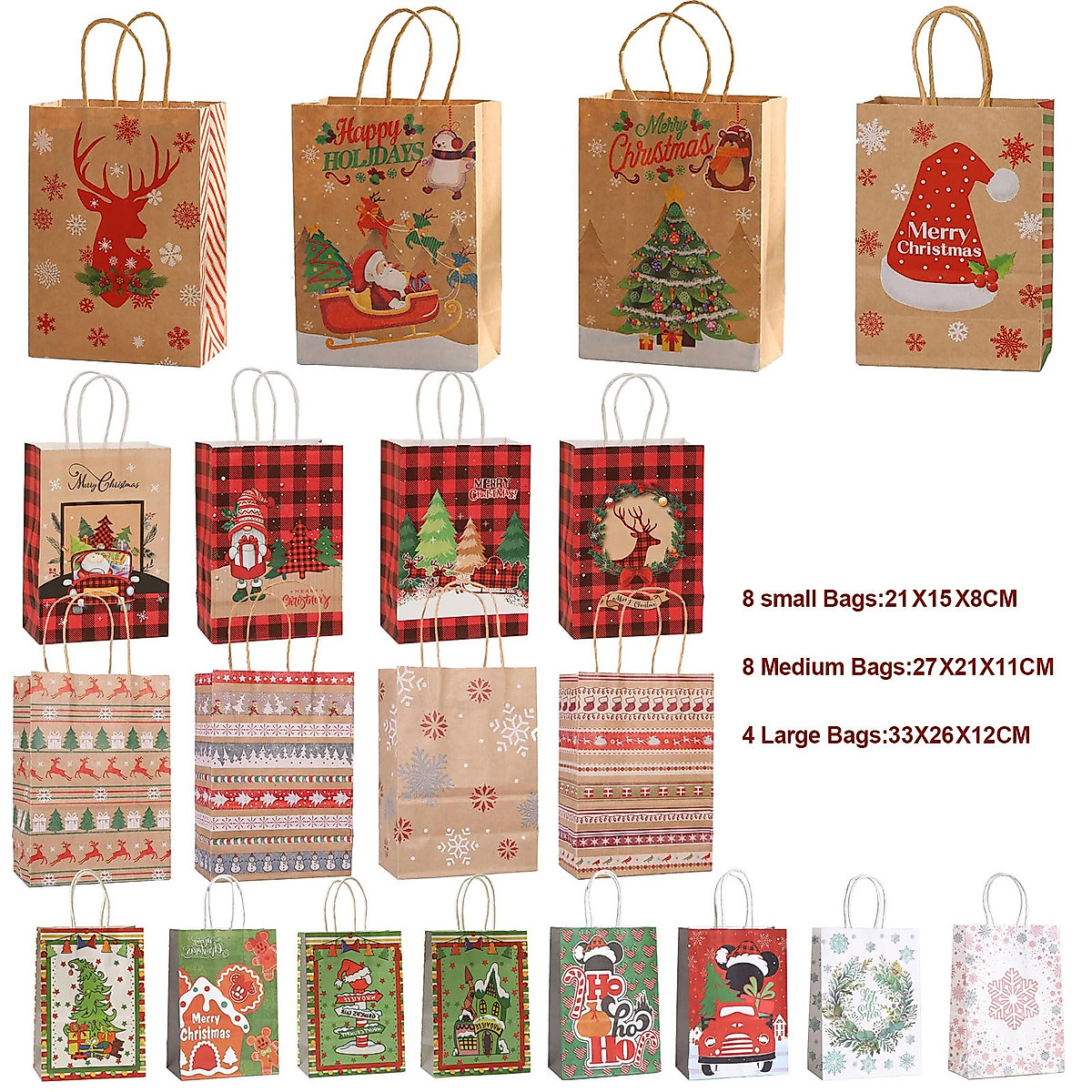 RYMILIE 20 Kraft Christmas Gift Paper Bags Bulk with handles and 20 Count Christmas Gift Tags set for Wrapping Xmas Holiday Presents(8 Small,8 Medium,4 Large)