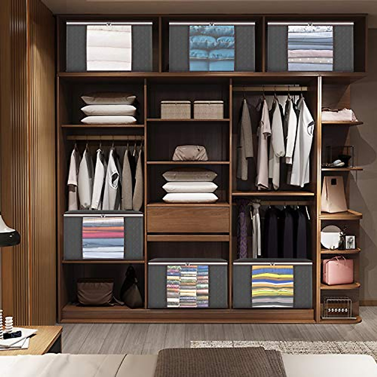 Large Storage Bags,Foldable Organizers Closet with Reinforced Handle Thick Fabric for Comforters,Clothes,Bedding，Blankets,with Double Sturdy Zipper, Clear Window,90L,Grey - 4Pack