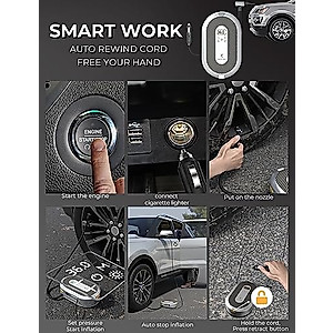 Tire Inflator Portable Air Compressor 150PSI with Pressure Gauge 12v Air Compressor Tire Inflator with Auto Retraction Power Cord, Auto Shut-off and Emergency LED Light By Giraffe Tools