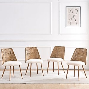JALOURT Rattan Dining Chairs Set of 4,Accent Upholstered Boucle Kitchen Room Chairs,Mid Century Modern Dining Room Chairs with PE Cane Back and Metal Legs for Kitchen/Restaurant/Dining Room,Brown