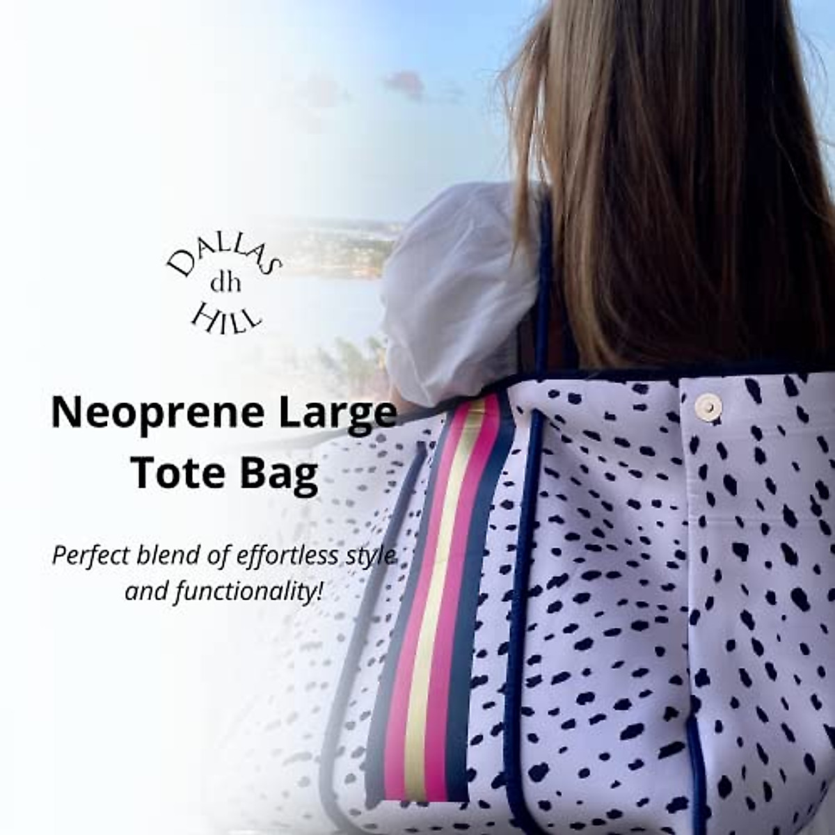 Dallas Hill Designs Large Tote Bag for Women | Neoprene Shoulder Purse | Travel, Beach, Gym Handbag | Extra Pouch