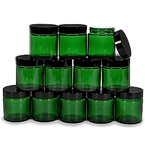 Vivaplex, 12, Green, 4 oz, Round Glass Jars, with Inner Liners and black Lids