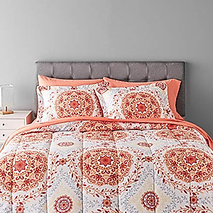 Amazon Basics Lightweight Microfiber 7 Piece Bed-in-a-Bag Comforter Bedding Set, Full/Queen, Coral Medallion