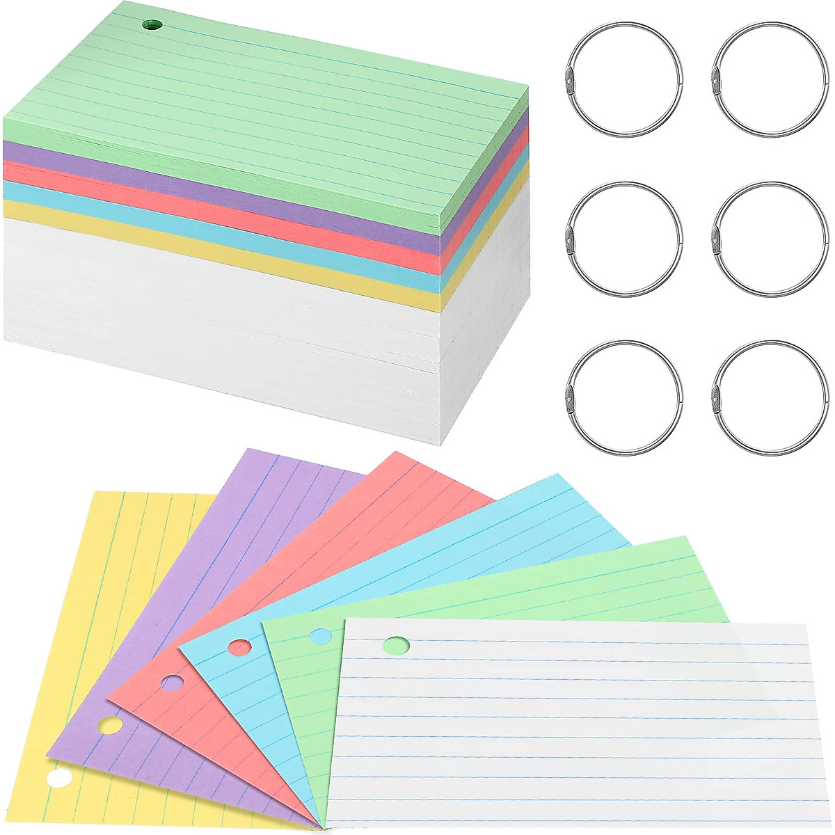 Epakh 300 Pieces Back to School Index Cards 180 GSM Thick Flashcards with Rings Punched Index Flashcards on a Ring Ruled Note Cards for Adults Home(3 x 5 Inch,Light Color)