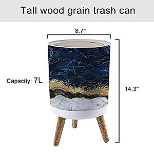 Small Trash Can with Lid Abstract White Blue Marble with Golden Veins Fake Stone Texture Liquid Round Recycle Bin Press Top Dog Proof Wastebasket for Kitchen Bathroom Bedroom Office 7L/1.8 Gallon
