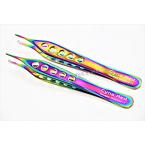 3ea Adson Kocher Tissue Forceps Micro 4.75 Inches 1x2 Teeth German Titanium Rainbow Stainless Steel Dissecting Cynamed