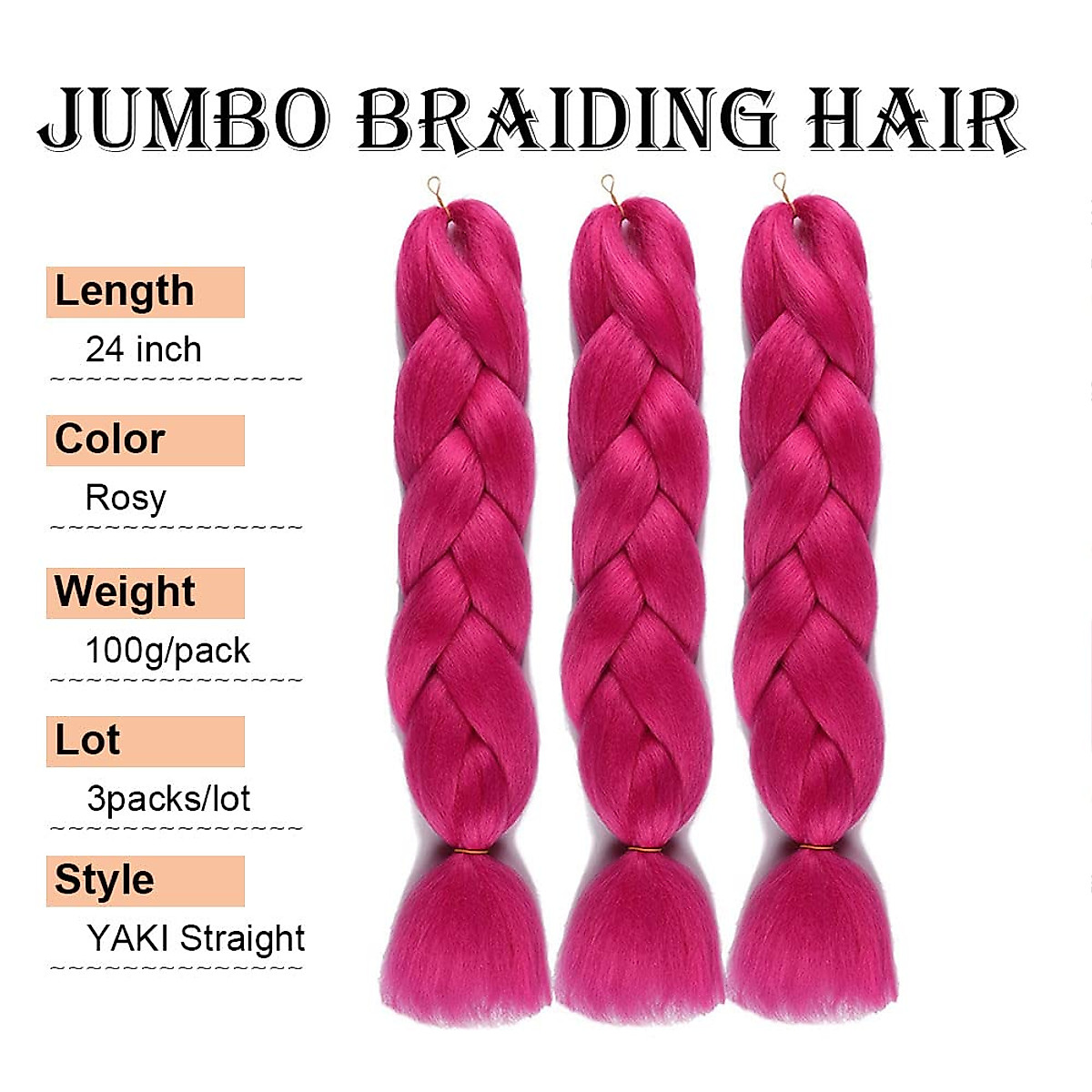 Pink Braiding Hair Extension 3pcs/Lot Crochet Jumbo Braids Hair 100g/pc Hot Pink Braids Hair Synthetic Crochet Twist Braid Hair Extension for Box Braids (24Inch,Rosy)