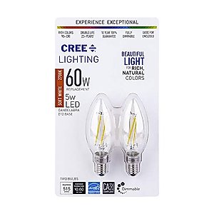 Cree Lighting TB11-07027MDCH25-12DE12-1-12 B11 Clear Glass Filament Candelabra 75W Equivalent, 700 lumens, Dimmable LED Bulb, 2 Count (Pack of 1), Soft White