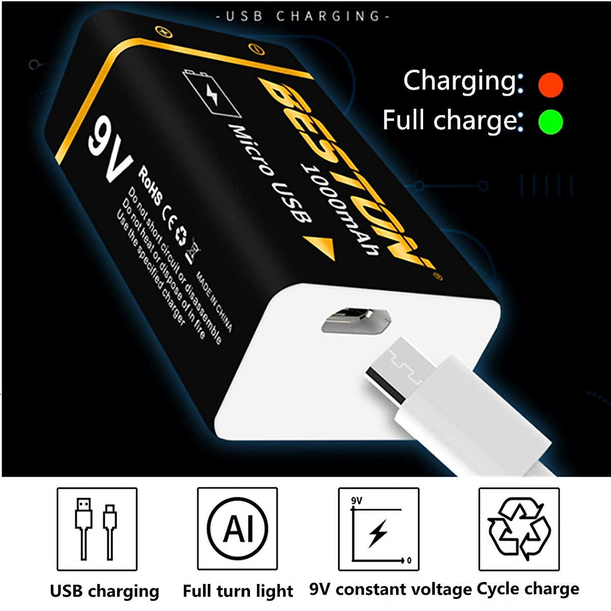 Molo 9V Rechargeable Battery 1000 mah,USB Rechargeable Lithium Batteries - Long Lasting LI-ion Batteries,No Memory Effect-with Micro Charging Cable,Ideal for Any Devices Need 9V Batteries 48x26x17mm