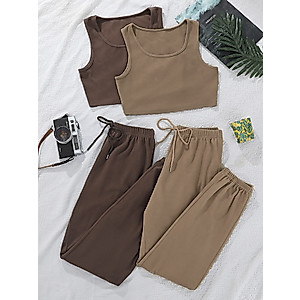 GORGLITTER Women's 2 Piece Tank Top and Sweatpant Sets Drawsting Jogger Sweatsuit Brown and Khaki Small