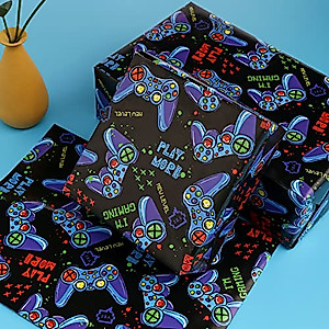 BULKYTREE Gaming Wrapping Paper with Cut Lines for Kids Boys Girls Men Birthday Holiday Party - 3 Large Sheets Video Game Gift Wrap “I'M Gaming”, Gamepad, “Play Game” Gift - 27 Inch X 39.4 Inch Per Sheet