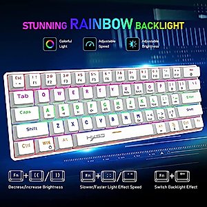 60% True Mechanical Gaming Keyboard Mouse Set, Type C Wired 61 Keys Layout Rainbow LED Backlit USB Waterproof Keyboard Anti-ghosting Keys+Lightweight RGB Mice 6400DPI for Computer/PC/Laptop/MAC(White)