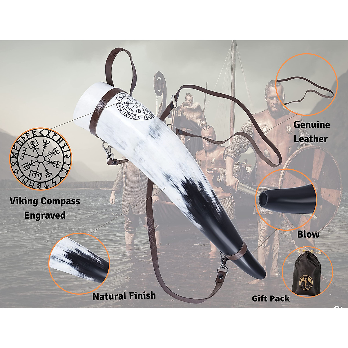 OldEmperor Viking War Blowing Horn| 12 Inch Genuine Ox Battle Trumpet with Leather Strap-Hand Engraved| Easy and Clear Sound| Viking Gift for Men and Women