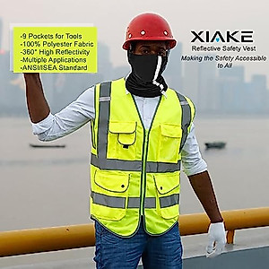 XIAKE 9 Pockets Class 2 High Visibility Reflective Safety Vest Men Women Work Construction Vest Zipper Front Meets ANSI Standards(Yellow,Large)
