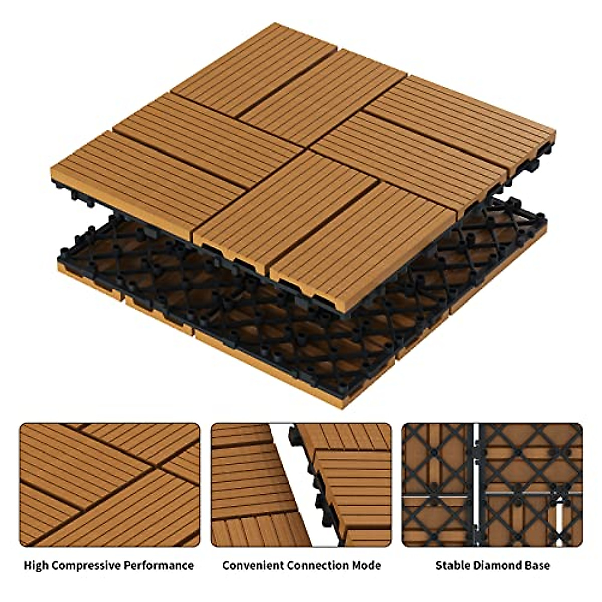 TONAHUTU 6PCS Interbuild Hardwood Interlocking Patio Deck Tiles, 12"x12" Wood Plastic Composite Tiles Outdoor Flooring for Patio Garden Deck Poolside Click Floor Decking Tile - Teak