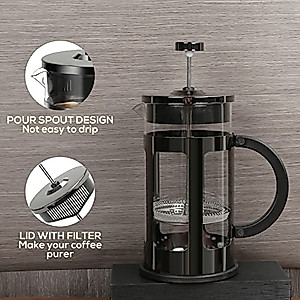 FAVIA French Press Coffee Maker 12 Ounce Stainless Steel with Borosilicate Glass Heat Resistant 4 Level Filtration System for Brew Coffee & Tea Dishwasher Safe 350ml (12oz, Stainless Black)