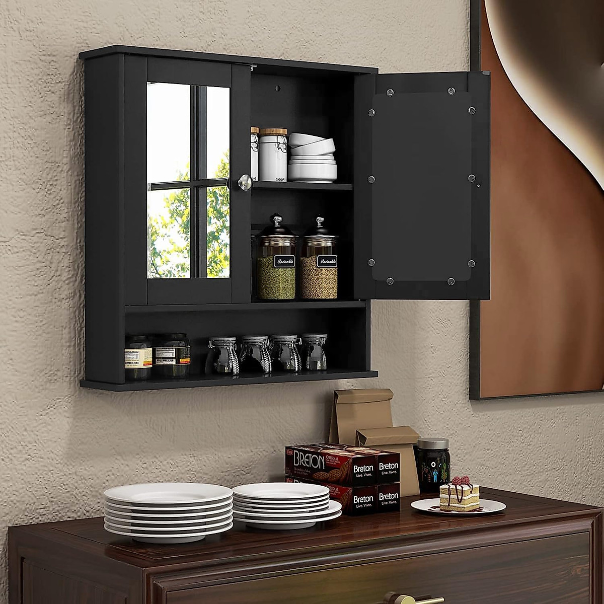 COSTWAY Bathroom Cabinet Wall Mounted - Over The Toilet Wall Storage Cabinet with 2 Mirror Doors and Adjustable Shelf, Hanging Medicine Cabinet for Bathroom, Living Room, Kitchen (Black)