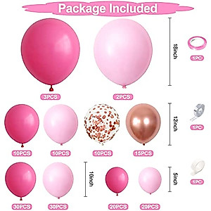 150PCS Pink Balloons Garland Arch Kit, 18 12 10 5 inch Hot Pink Metallic Rose Gold and Confetti Balloons Garland, Barbie Balloons Arch for Princess Birthday Party Wedding Baby Bridal Shower Engagement