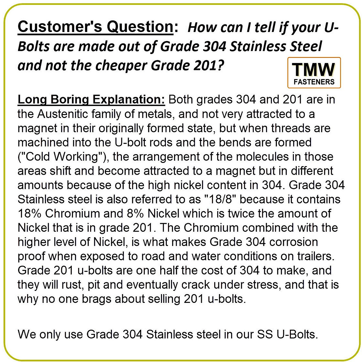 (4) Stainless Steel Square U-Bolts Boat Trailer 1/2" D x 3 1/16" W x 4 5/16" L (One Pack)