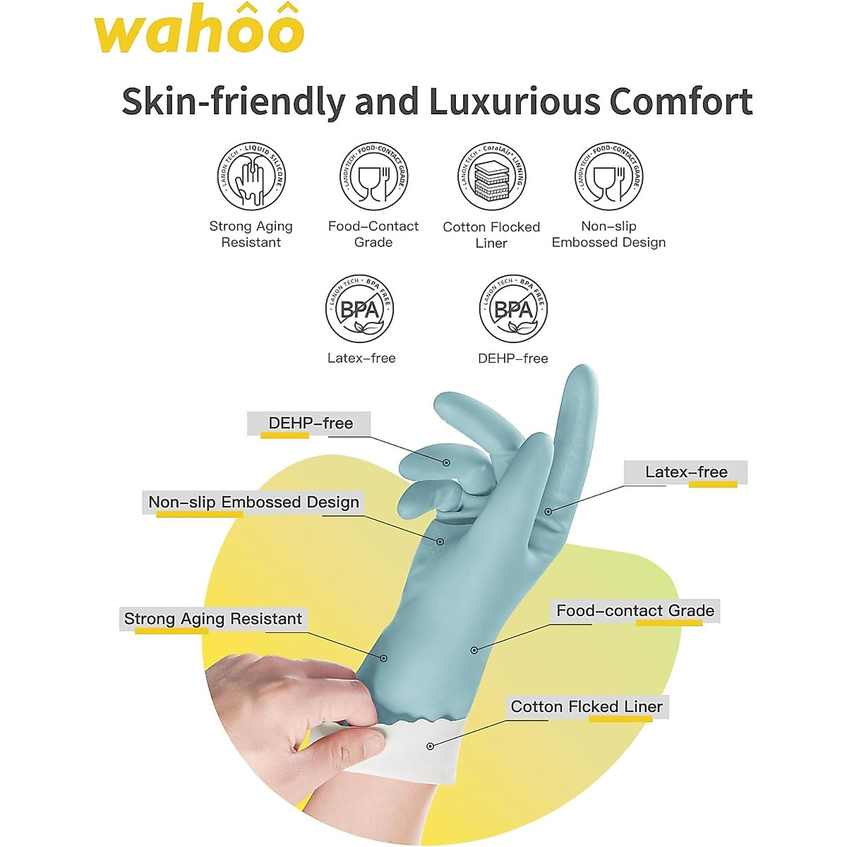 LANON wahoo Skin-Friendly Cleaning Gloves, Dishwashing Kitchen Gloves with Cotton Flocked Liner, Reusable, Non-Slip, Surf Spray, Small