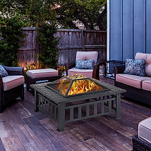 Yaheetech 34in Fire Pit Table Outdoor Wood Fire Pits Fire Pits for Outside Patio Square Steel Stove with Mesh Screen, Waterproof Cover & Poker for Bonfire Camping