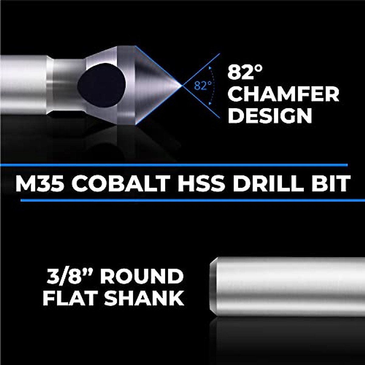 amoolo Single End Countersink Bit, Cobalt Steel Countersink Drill Bit with TiAlN Coating Finish for Hard Metal, 82 Degree Point Angle, 3/8” Round Shank, 1/2” Body Diameter