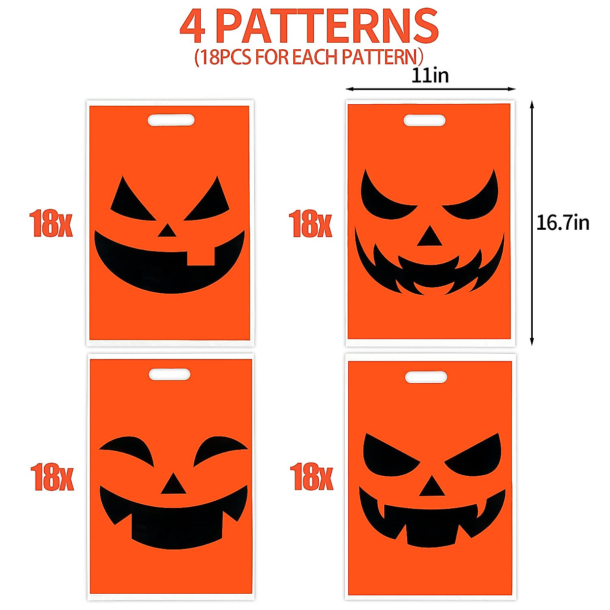 STEFORD 72PCS Large Halloween Pumpkin Face Trick or Treat Plastic Candy Bags,Jack-O-Lantern Halloween Goodie Bags Halloween Party Favors,11"x17"
