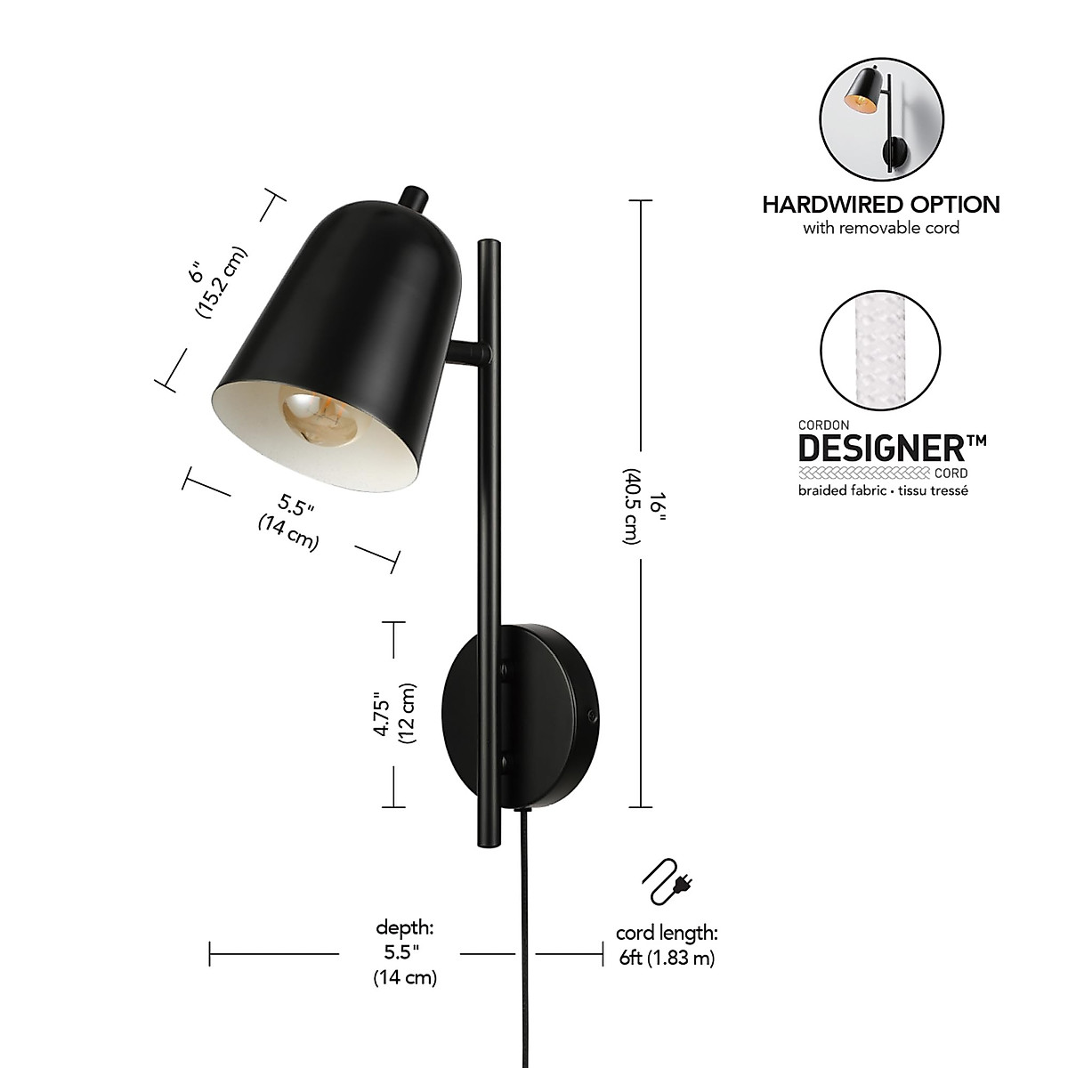 Globe Electric 65000049 1-Light Plug-in or Hardwire Wall Sconce, Matte Black, Pivoting Shade, Black Braided Fabric Designer Cord, E26 Base Socket, Home Décor, Wall Lighting, Home Improvement