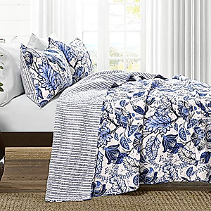 Lush Decor Cynthia Jacobean Quilt 3 Piece Reversible Bedding Set, King, Blue