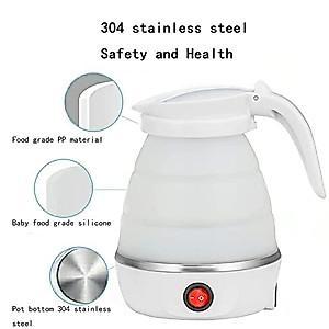Travel Kettle Electric Small Foldable Portable Kettle,Silicone Collapsible Heating Water Boiler Tea Pot for Camping,Easy for Storage with Separable Power Cord (White)