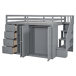 Harper & Bright Designs Full Size Loft Bed with Stairs, Wood Loft Bed with 2 Wardrobes, Full Loft Bed with Storage Drawers and Cabinet, High Loft Bed Frame for Kids Teens Adults, Grey