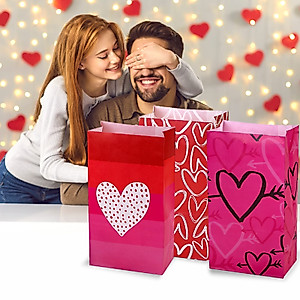 ECOptimize Pink Red Party Favor and Wrapped Treat Bags - 6 Design (30 Ct, Heart Design) Small Gift Bags for Valentines Day, Birthday, Baby Showers, Crafts and Care Packages, May Day