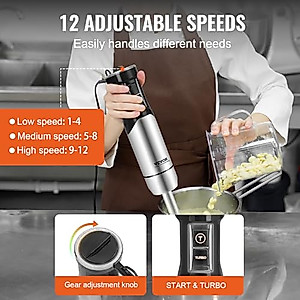 VEVOR Commercial Immersion Blender, 12-Speed Heavy Duty Immersion Blender, Stainless Steel Blade Copper Motor Hand Mixer, Portable Mixer with Measuring Cup, Whisk, Milk Frother, Silver