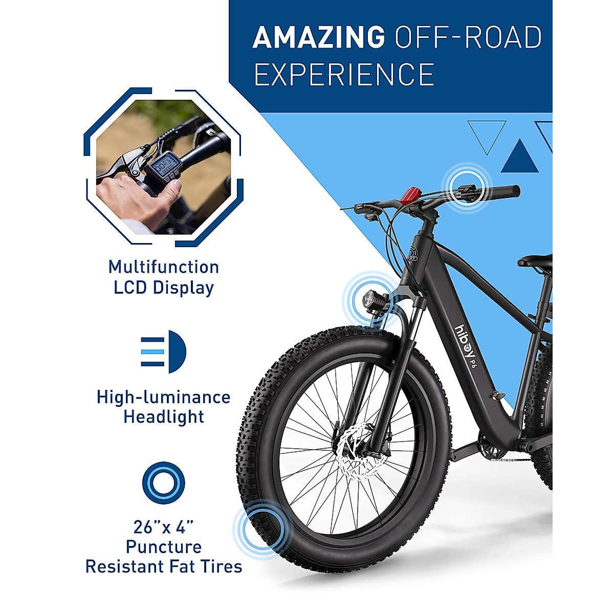 Hiboy P6 Electric Bike for Adults, 28MPH 62.1Miles Range 750W Motor 48V 13Ah Removable Battery Ebike, 26” x 4.0" Fat Tire Electric Mountain Bicycle, Shimano 9 Speed, Hydraulic Suspension, UL Certified