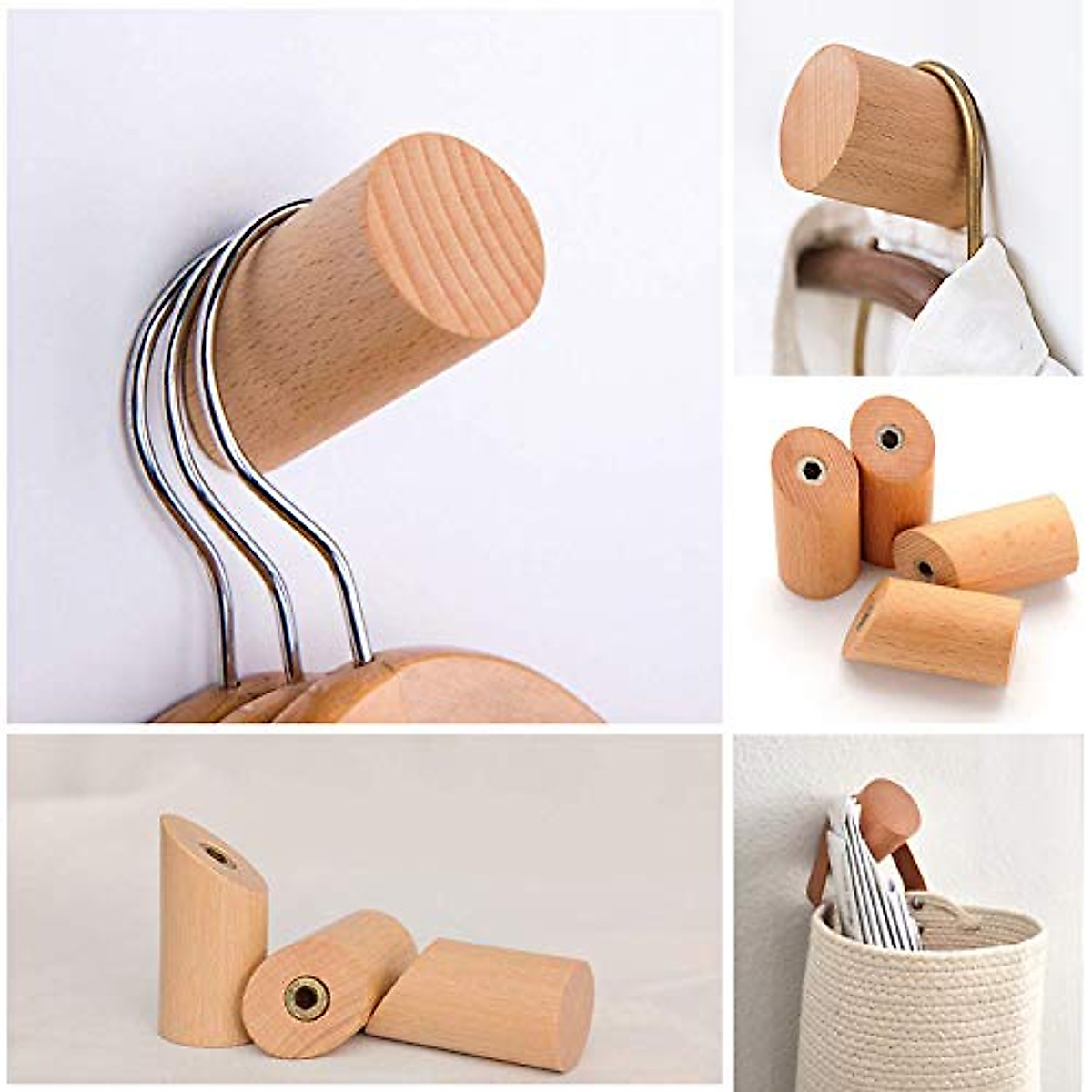 Felidio Wood Wall Hooks, 4 Pack Coat Hooks Wall Mounted Rustic Wooden Hooks Heavy Duty Robe Hook Hat Rack | Hooks for Hanging Bathroom Towels Clothes Hanger (Beech Wood)