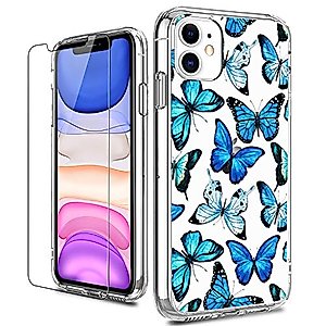 LUHOURI LUHOURI iPhone 11 Case with Screen Protector, Clear Fashion Designs Protective Phone Cover for Women Girls, Slim Fit Durable Acrylic Phone Case for iPhone 11 6.1" Blue Butterflies Flower