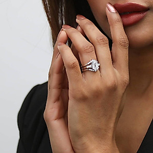 BERRICLE Sterling Silver 3-Stone Wedding Engagement Rings Emerald Cut Cubic Zirconia CZ 7-Stone Ring Set for Women, Rhodium Plated Size 5.5