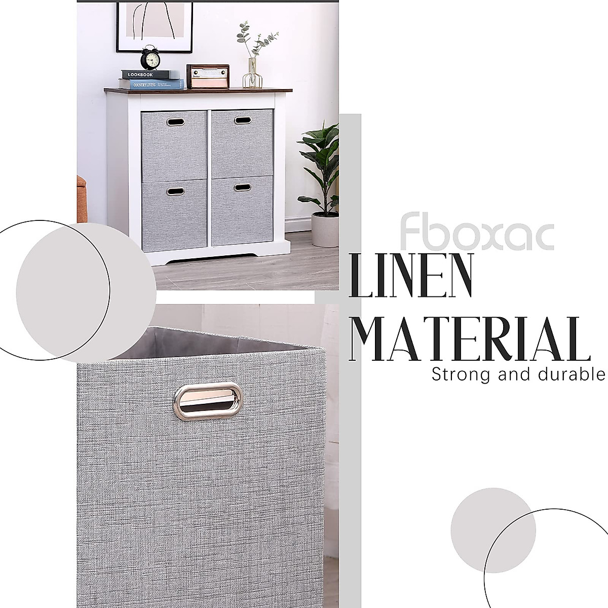 Fboxac Cube Storage Bins 13×13 Linen Foldable Box with Handles, Collapsible Organization Basket Set of 4 Large Capacity Grewer for Closet Shelf Cabinet Bookcase Bedroom, Silver Grey