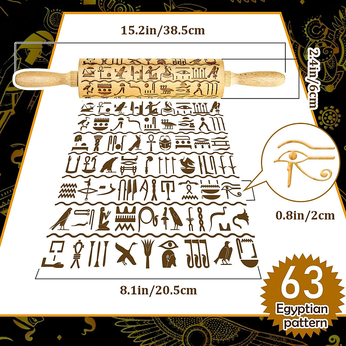 Rolling Pins for Baking Egypt Hieroglyphs Engraved Embossing Rolling Pin 15 Inches Embossed Rolling Pin Kitchen Tools for Egyptian Theme Baking Embossed Cookies for Women Mom Birthday Gift
