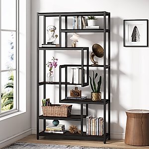 Tribesigns 8-Shelves Staggered Bookshelf, Rustic Industrial Etagere Bookcase for Office, Vintage Book Shelves Display Shelf Organizer for Home Garden (Rustic Brown)
