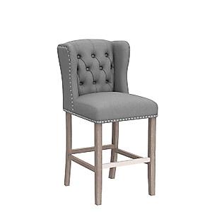 HOMCOM Counter Height Bar Stools Set of 2, 27" Seat Height Upholstered Barstools, Farmhouse Kitchen Island Stools with Nailhead-Trim, Tufted Back and Wooden Legs, Light Gray