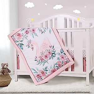 Honkaii Swan Crib Bedding Set for Girls 3pcs, Crib Sheet, Crib Skirt, Crib Quilt Included, Pink Crib Sets
