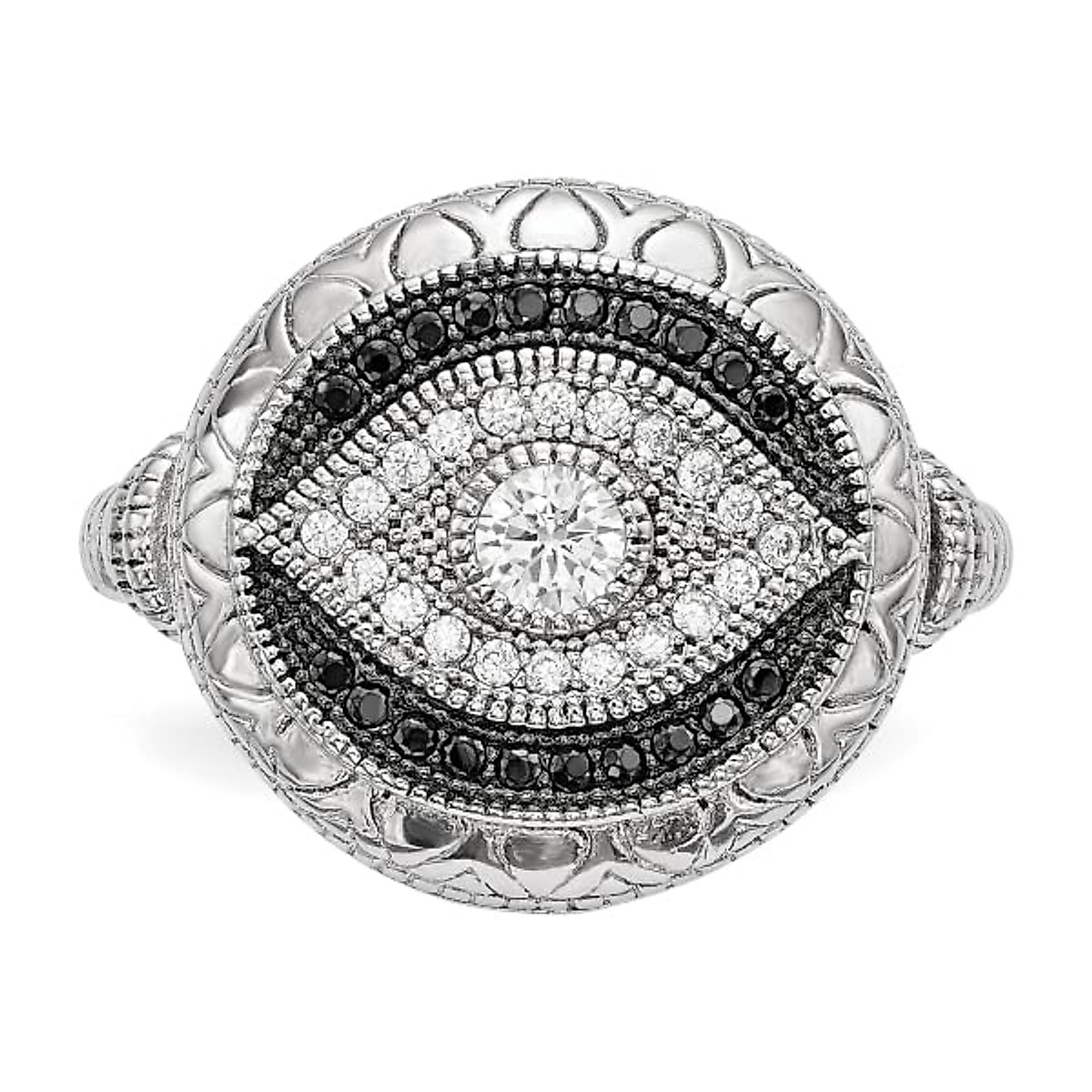 925 Sterling Silver Black White Cubic Zirconia CZ Hamsa Good Luck Evil Eye Protection Ring Size 7