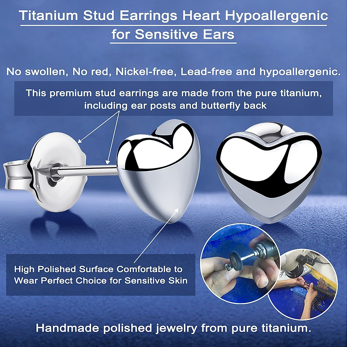 VGACETI Titanium Earrings Heart Stud Earrings, Hypoallergenic for Sensitive Ears Women Men, Premium High Polished (Large Shiny Grey)