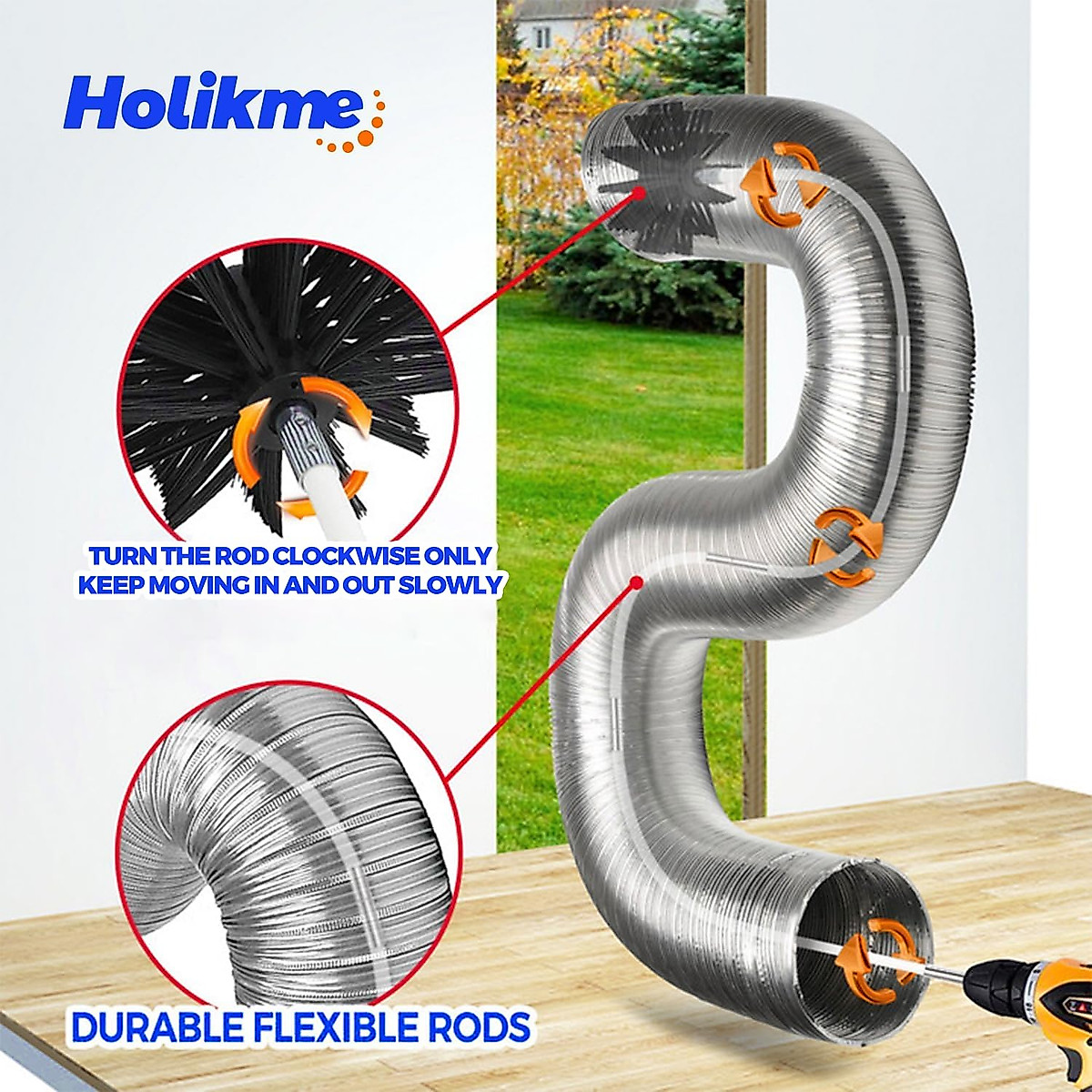 Holikme Dryer Vent Cleaner Kit 32 Feet Dryer Cleaning Tools, Include Dryer Vent Brush, Omnidirectional Blue Dryer Lint Vacuum Attachment, Dryer Lint Trap Brush, Vacuum & Dryer Adapters