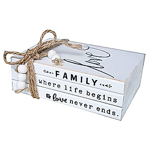 LIVDUCOT Wooden Decorative Books Stack for Coffee Table Faux Book Stack for Decoration Love Family Where Life Begins Modern Farmhouse Decor White Book Decor for Shelf 7X 5.5X 2.5'