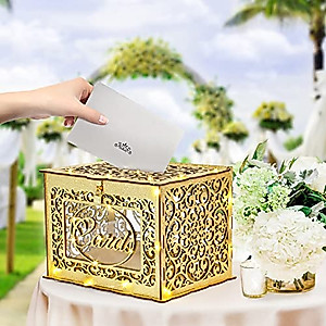 Gold Wedding Card Box with Lock and LED Fairy Lights, Wooden Gift Card Box Money Box Holder for Wedding Reception, Graduation Party, Bridal Shower, Keepsake Party Favor, Cosmetic Home Decor